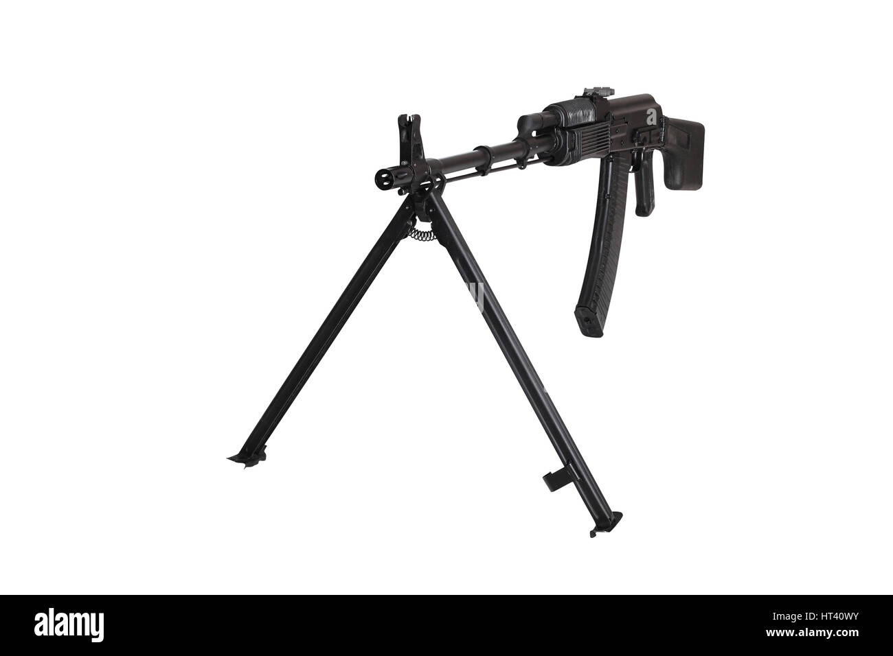 Weapon - A close up black Assault rifle on a bipod on a white ...