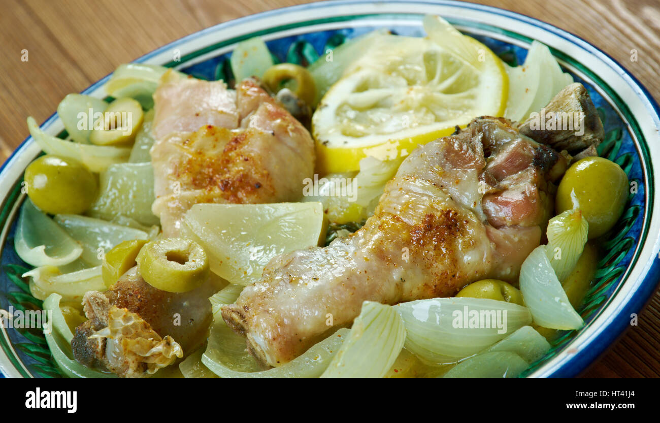 Djej bil Besla - algerian dish chicken with saffron and olives Stock ...