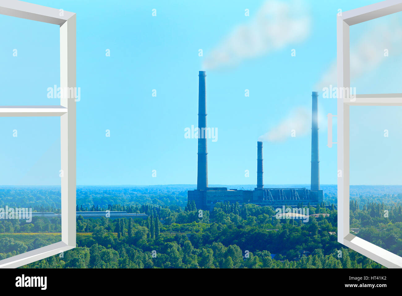 window overlooking the landscape with nature and pollution of ...
