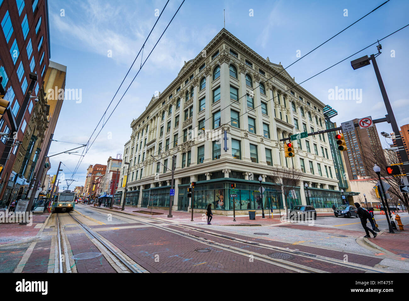 Light Rail tracks and buildings on Howard Street, in downtown Baltimore ...