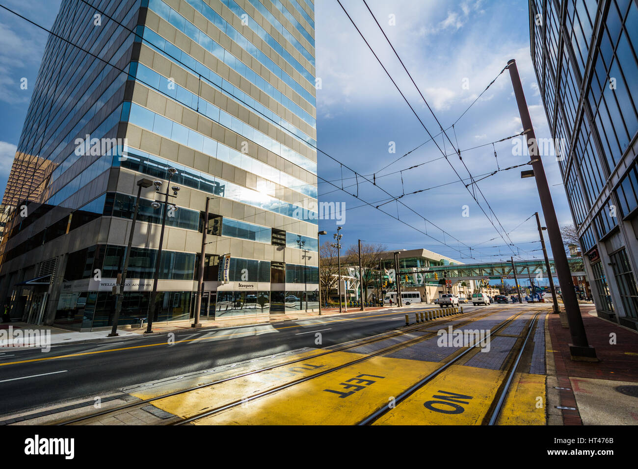 Light Rail tracks and modern buildings along Howard Street, in downtown ...