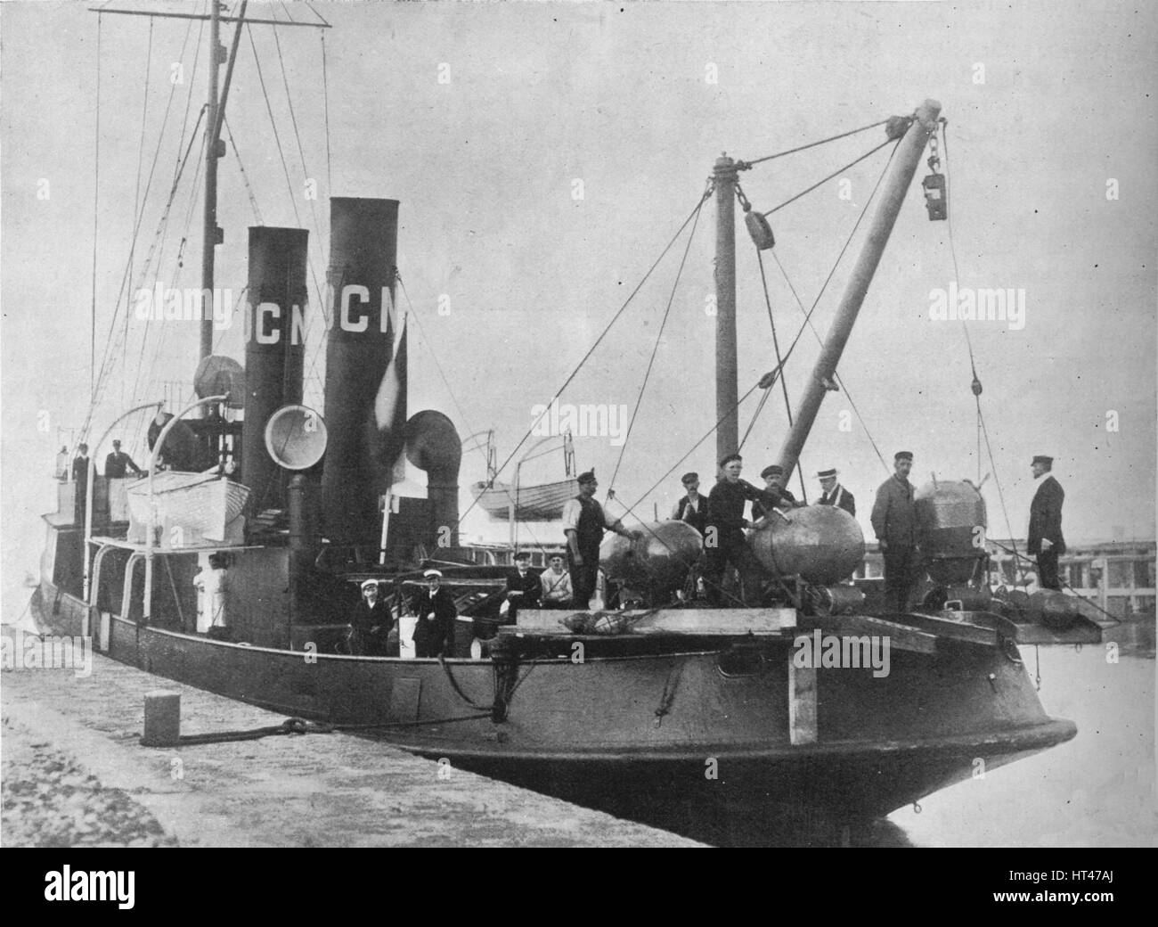 'A German mine layer leaving port with her mines ready on deck', 1914 ...