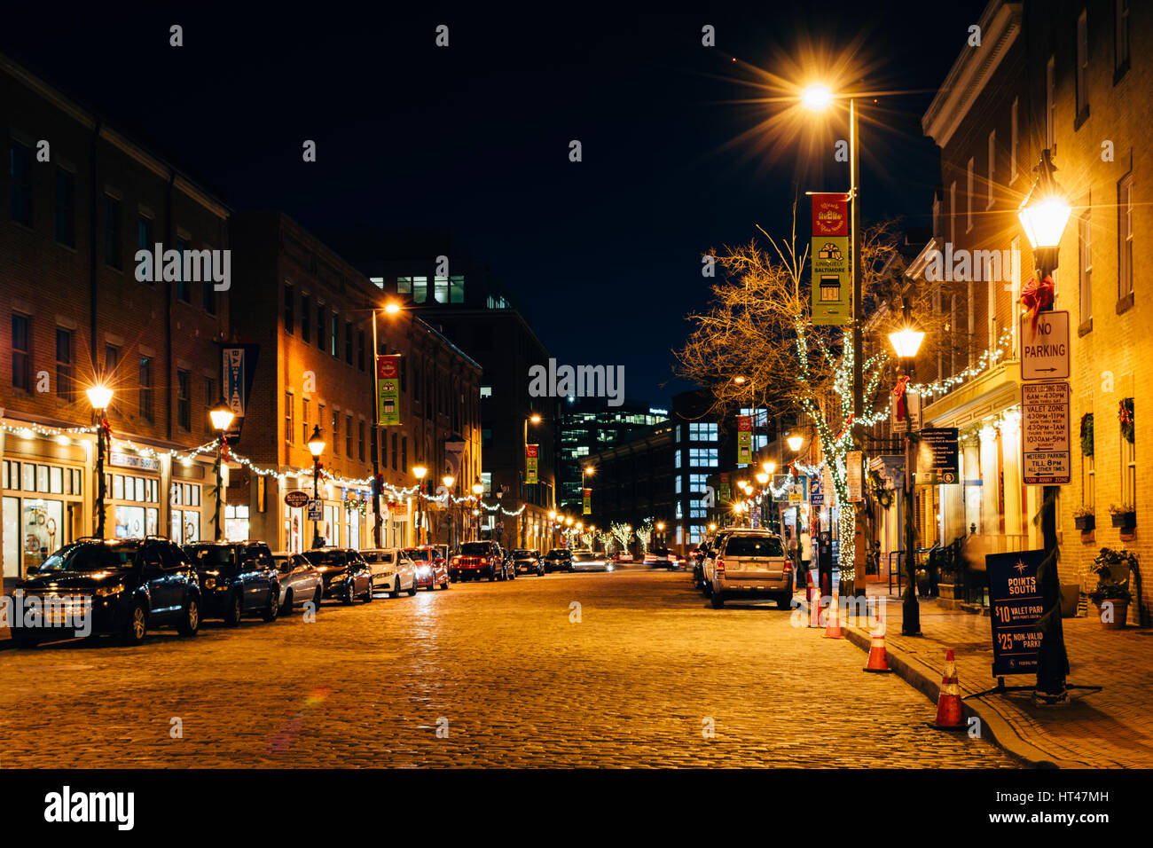 Thames Street at night, in Fells Point, Baltimore, Maryland Stock Photo ...