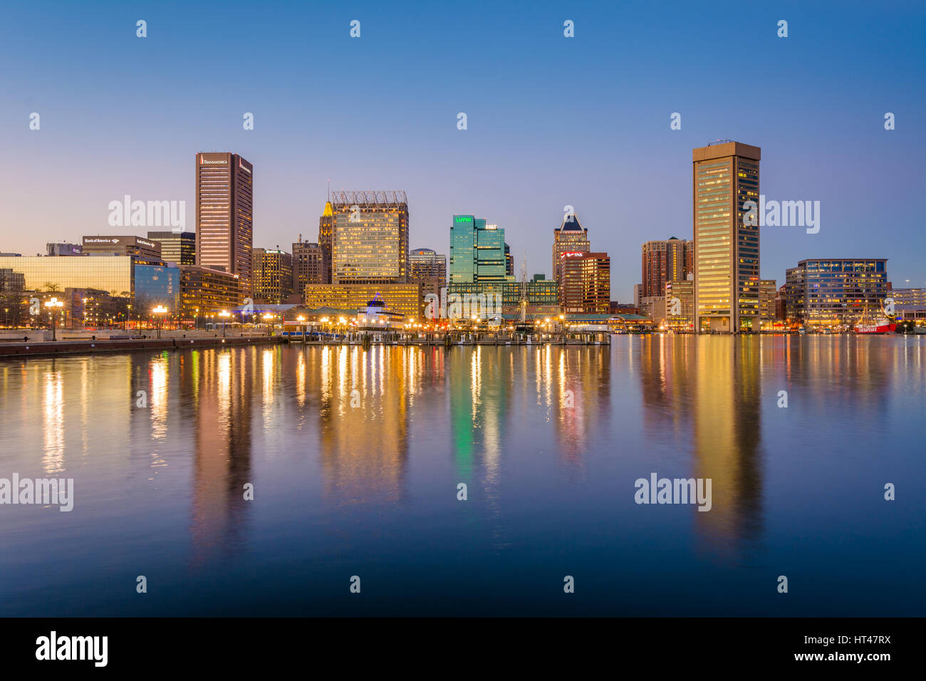 The Inner Harbor skyline at night, in Baltimore, Maryland Stock Photo ...