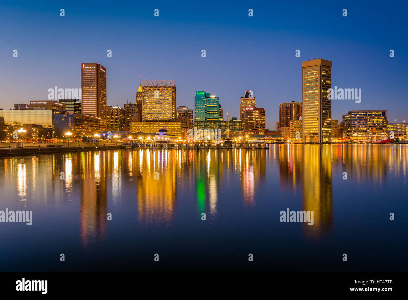 The Inner Harbor skyline at night, in Baltimore, Maryland Stock Photo ...