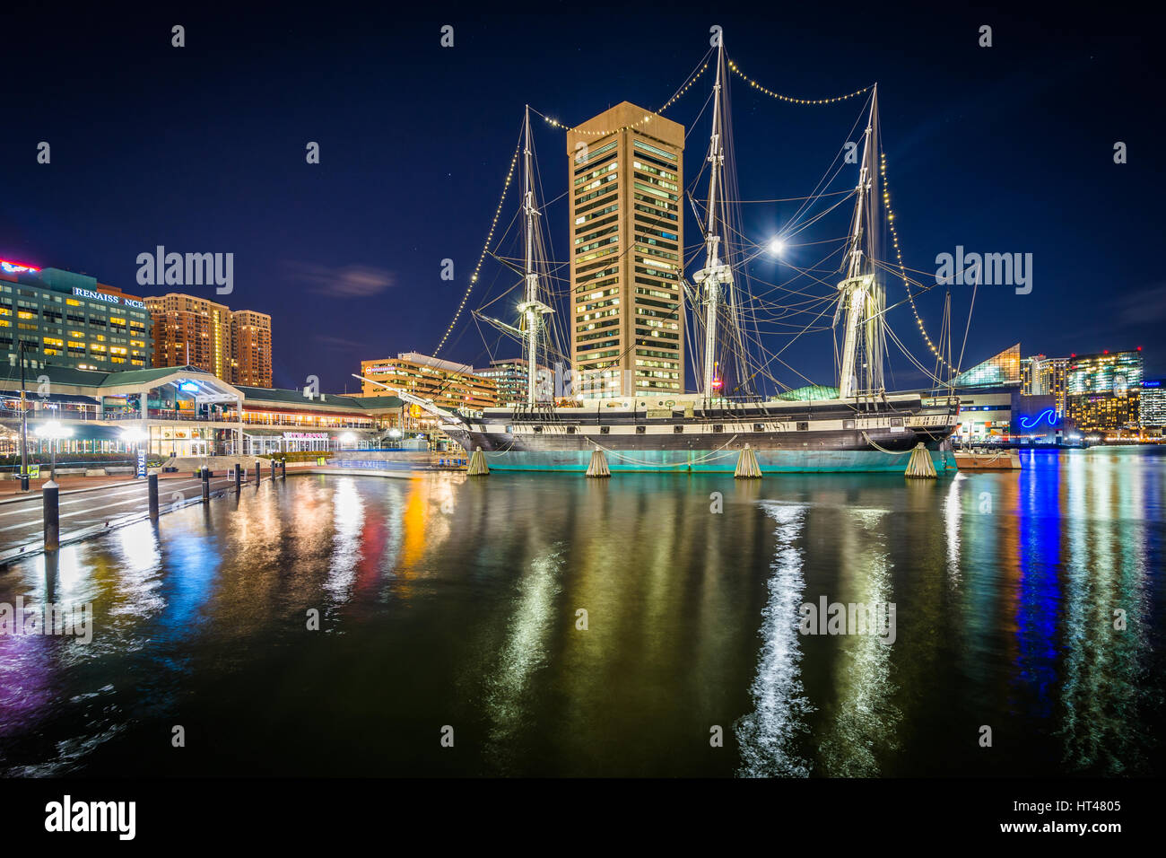 The USS Constellation and Inner Harbor skyline at night, in Baltimore ...