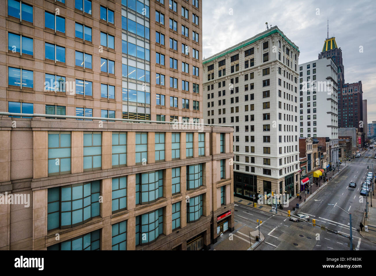 View of buildings along Baltimore Street, in downtown Baltimore ...