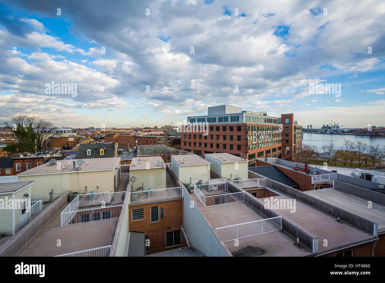 View of rooftop decks and Bond Street Wharf, in Baltimore, Maryland ...