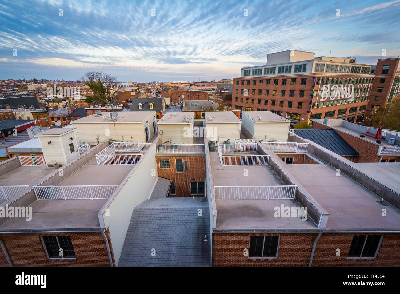 View of rooftop decks and Bond Street Wharf, in Fells Point, Baltimore ...