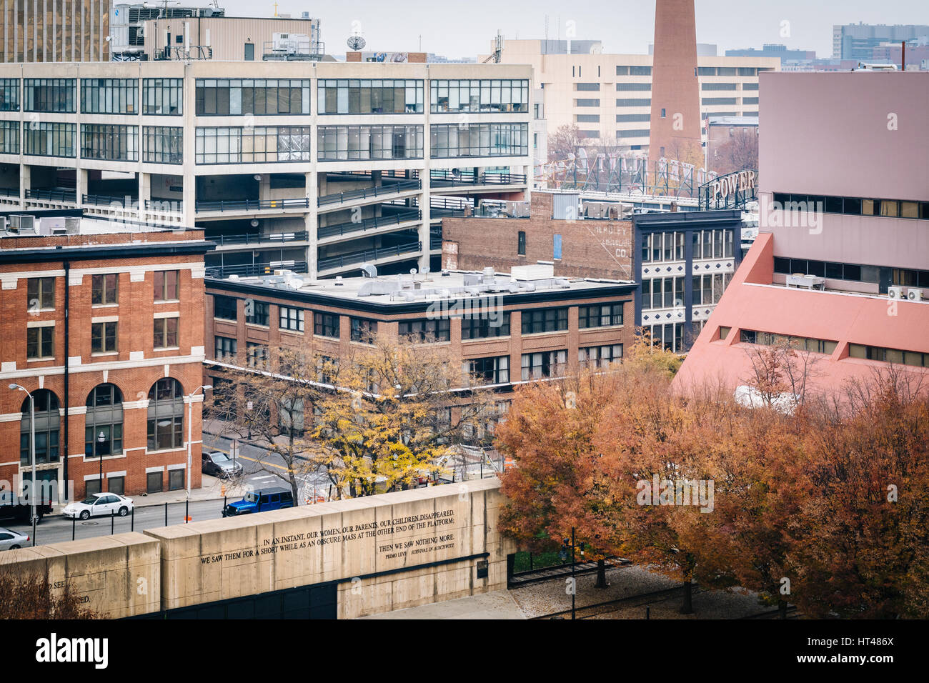 View of the Holocaust Memorial Park and buildings in downtown Baltimore ...