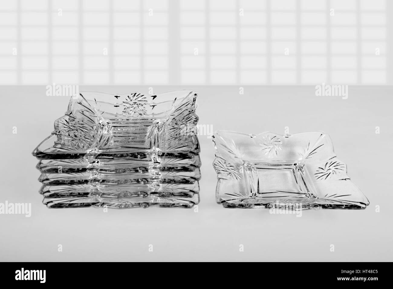 Set of six shallow glass dishes cake Stock Photo - Alamy