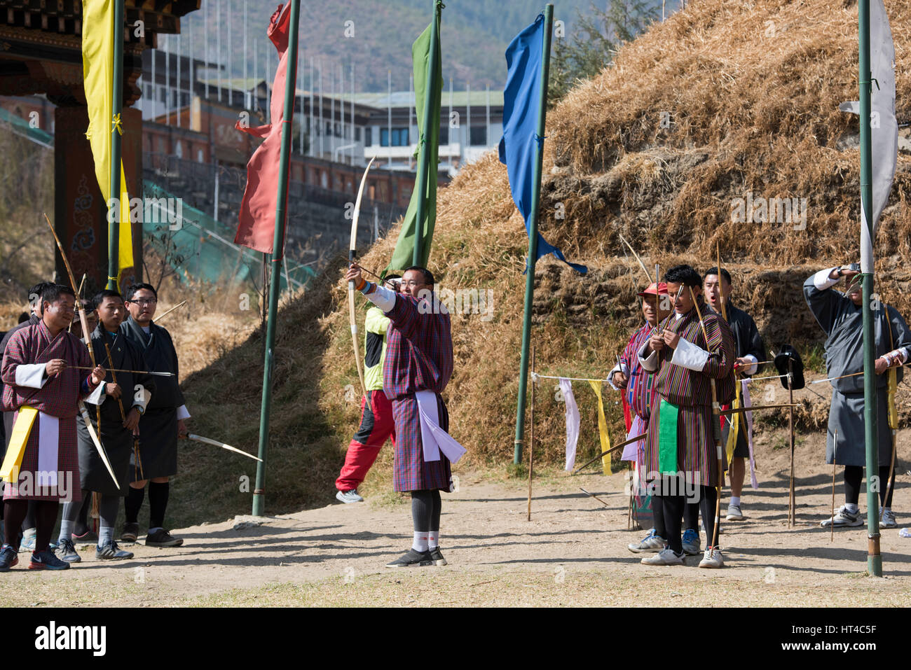 Bhutan, Thimphu. Capital of Bhutan. Local archery competition played in ...