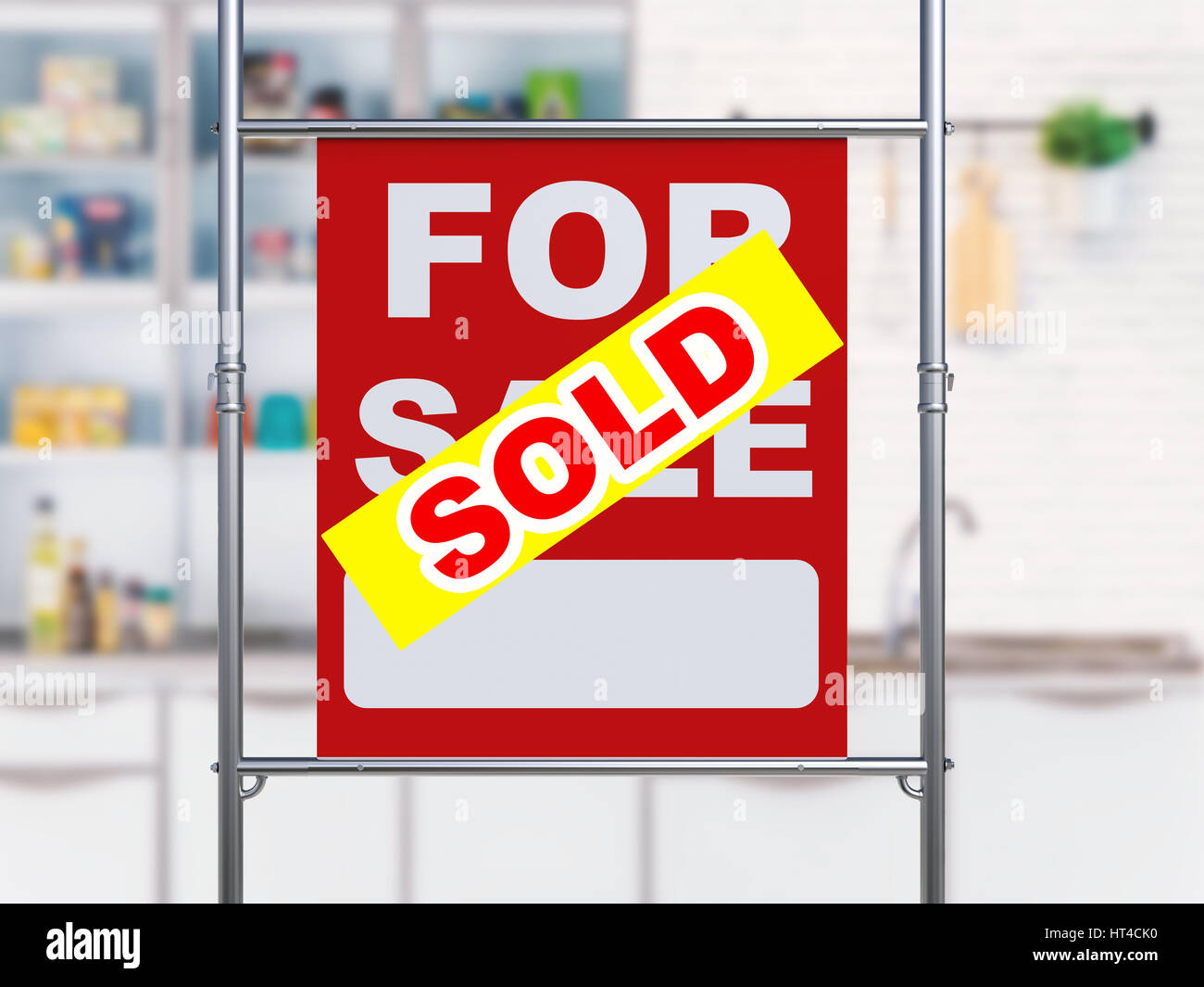 3d rendering sold house sign hanging with metal pipe Stock Photo - Alamy
