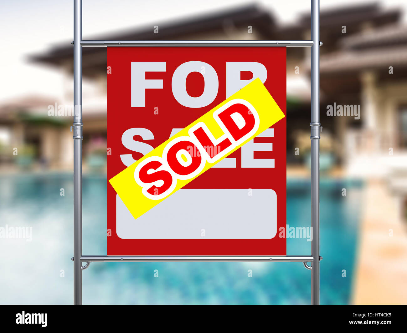 3d rendering sold house sign hanging with metal pipe Stock Photo - Alamy