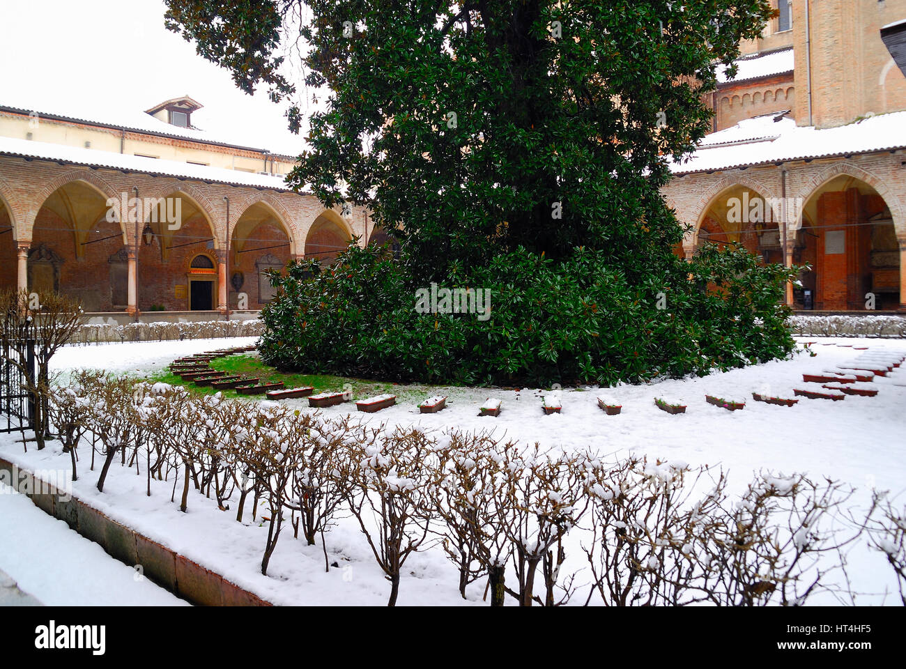 Padua, Italy. first snow on the town. Basilica of St. Anthony, cloister ...