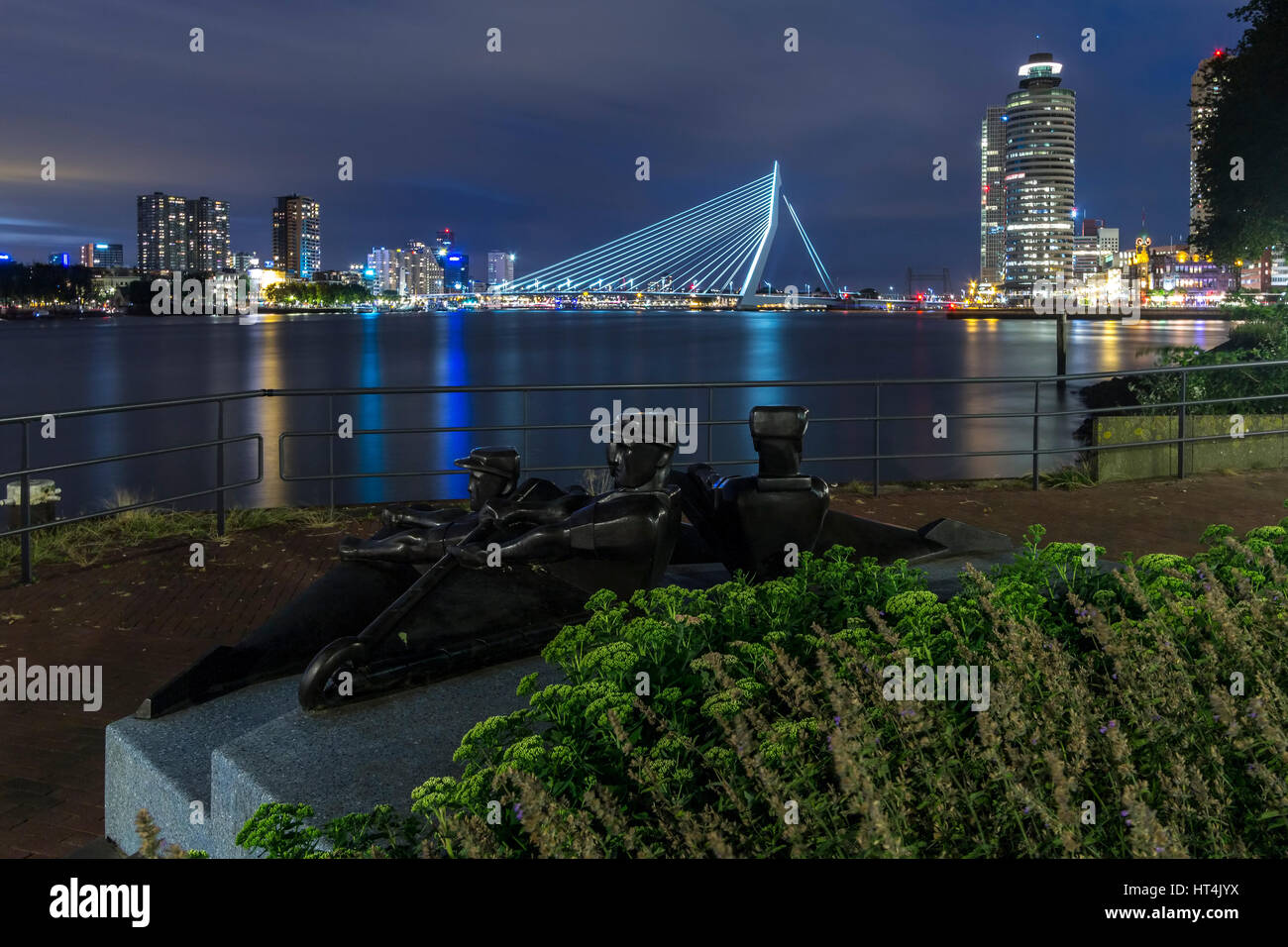Rotterdam city skyline at night. Shot from the dockside the city centre ...