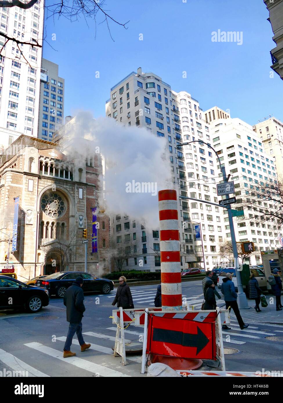 Steam coming from underground work. Stack in middle of Park Avenue and ...