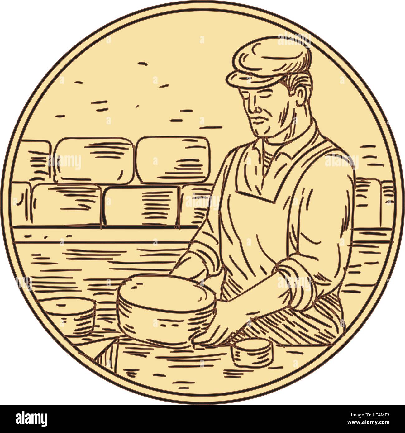 Drawing sketch style illustration of a cheesemaker standing making ...
