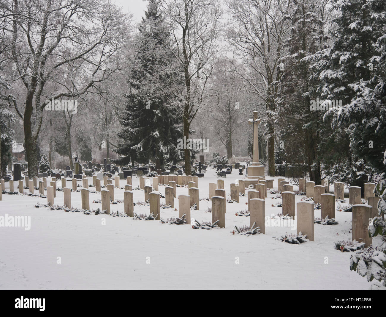 British war graves from WWII has their own section and a tall cross ...