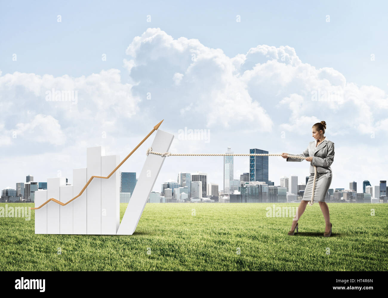 Young woman outdoors and growing graph presenting growth progress Stock ...