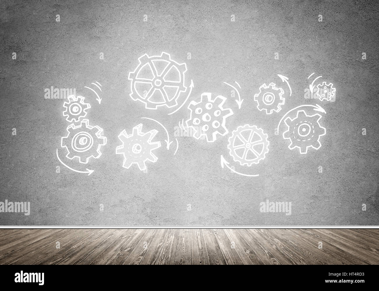 Gear hand drawn mechanism on gray wall Stock Photo - Alamy
