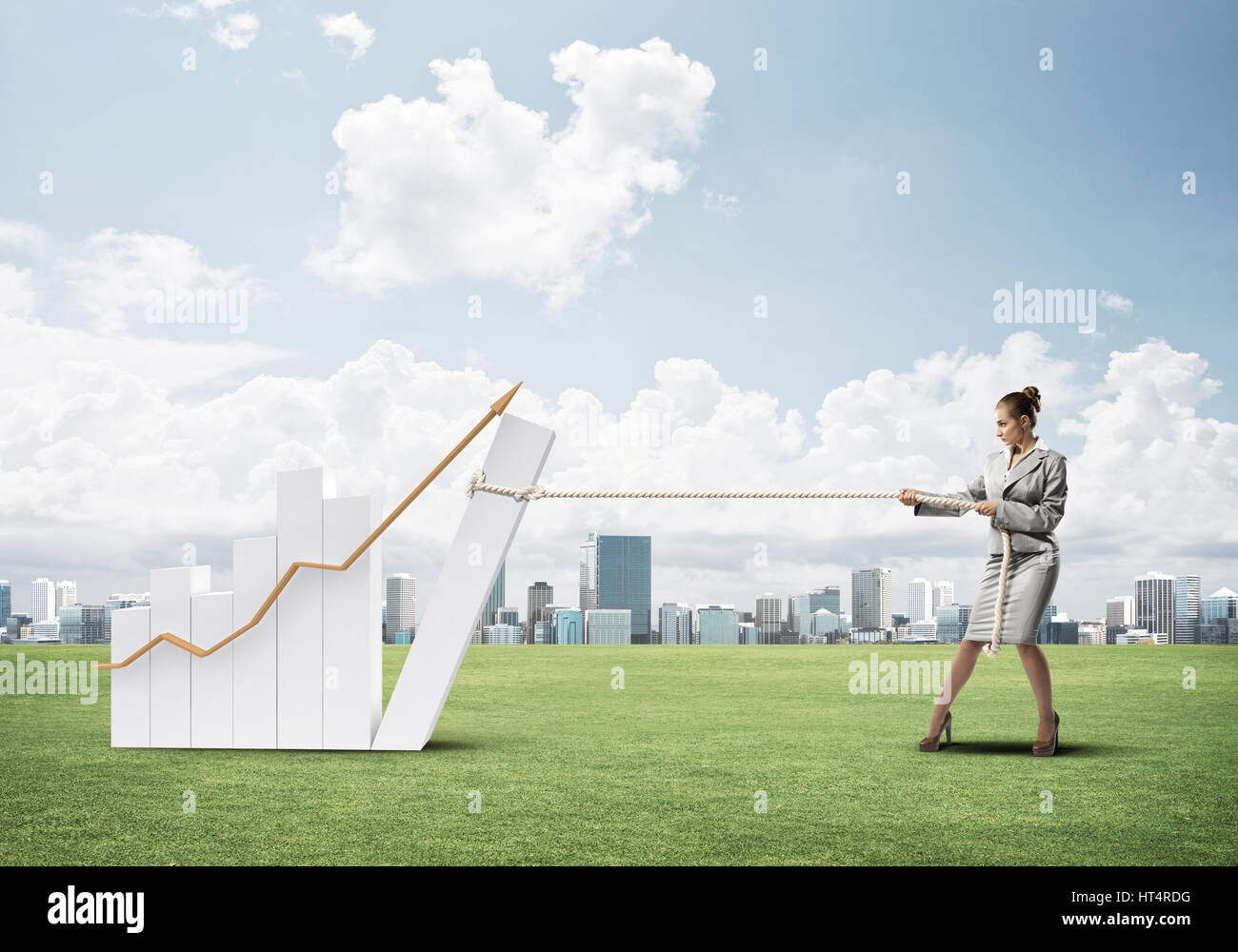 Young woman outdoors and growing graph presenting growth progress Stock ...