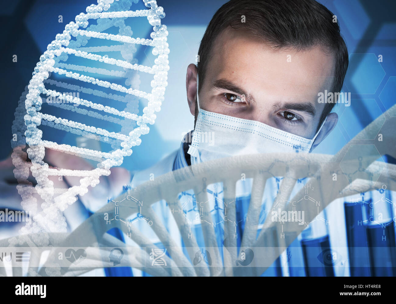 Handsome scientist making research over dna molecule structure Stock ...