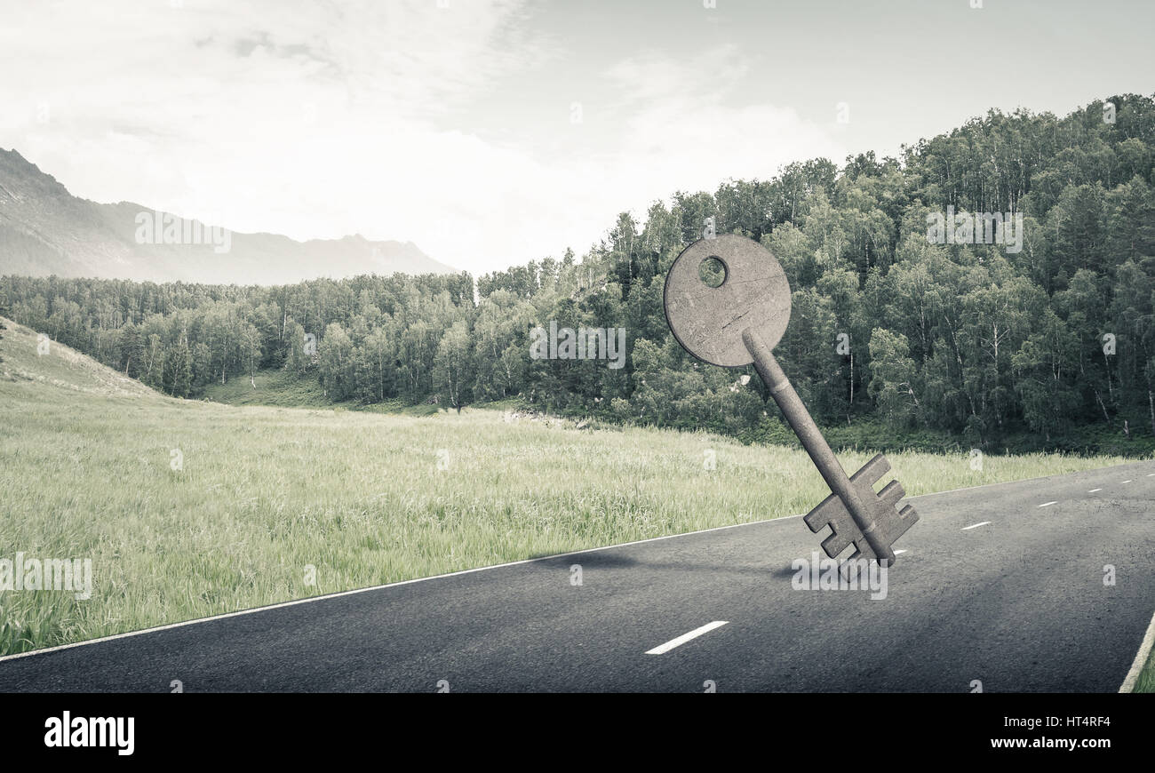 Key stone figure as symbol of access outdoor against natural landscape ...