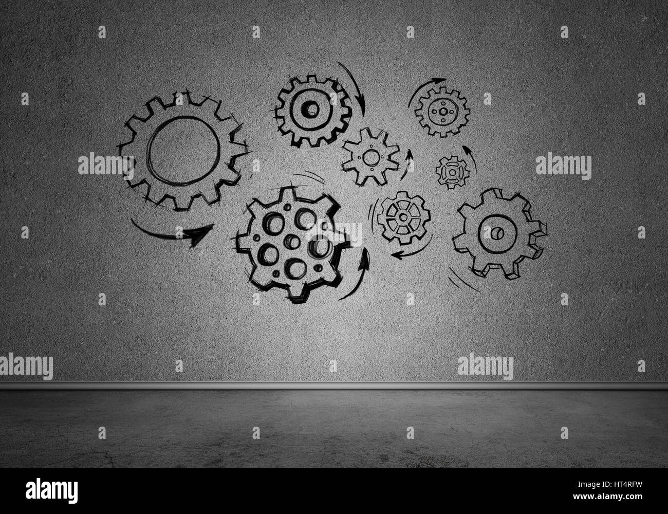 Gear hand drawn mechanism on gray wall Stock Photo - Alamy