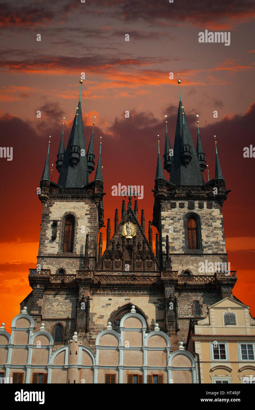 Prague Old town square, Tyn Cathedral. under sunlight Stock Photo - Alamy