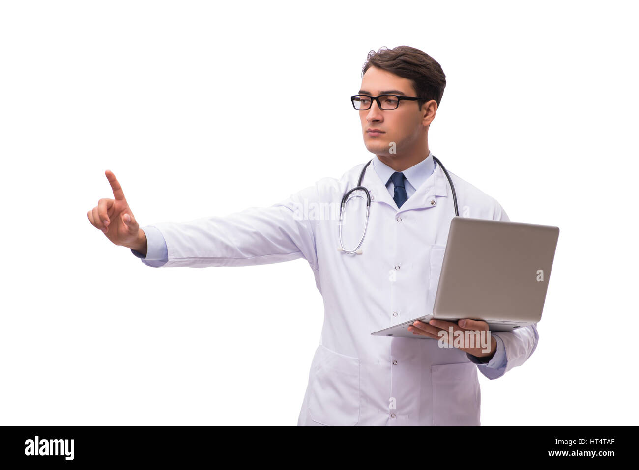 Doctor with laptop isolated on white background Stock Photo - Alamy