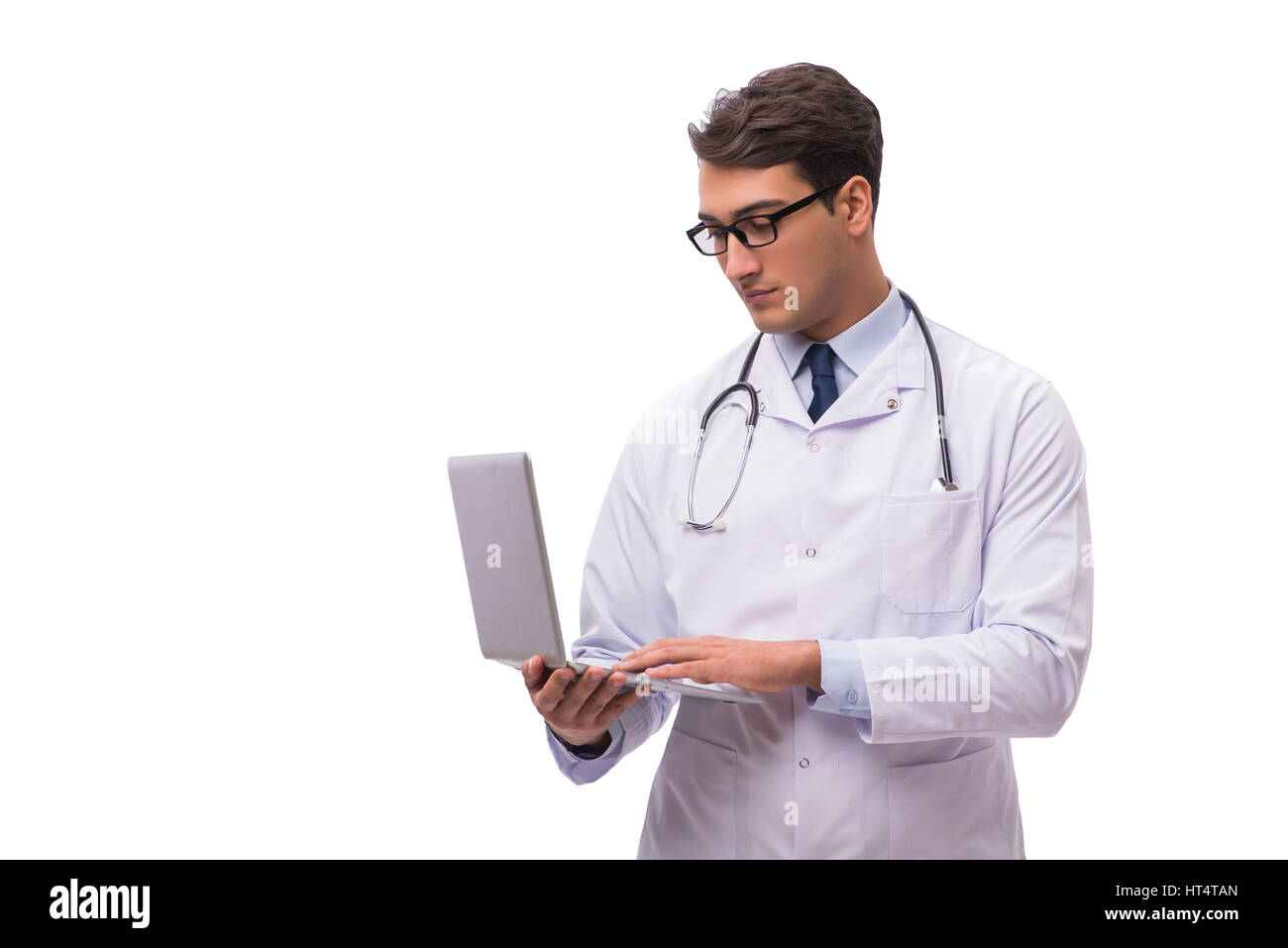 Doctor with laptop isolated on white background Stock Photo - Alamy
