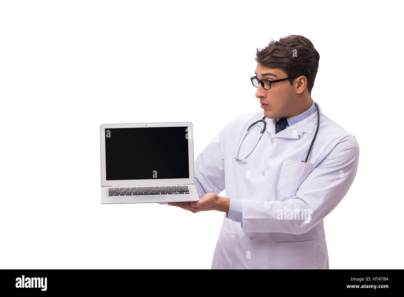 Doctor with laptop isolated on white background Stock Photo - Alamy