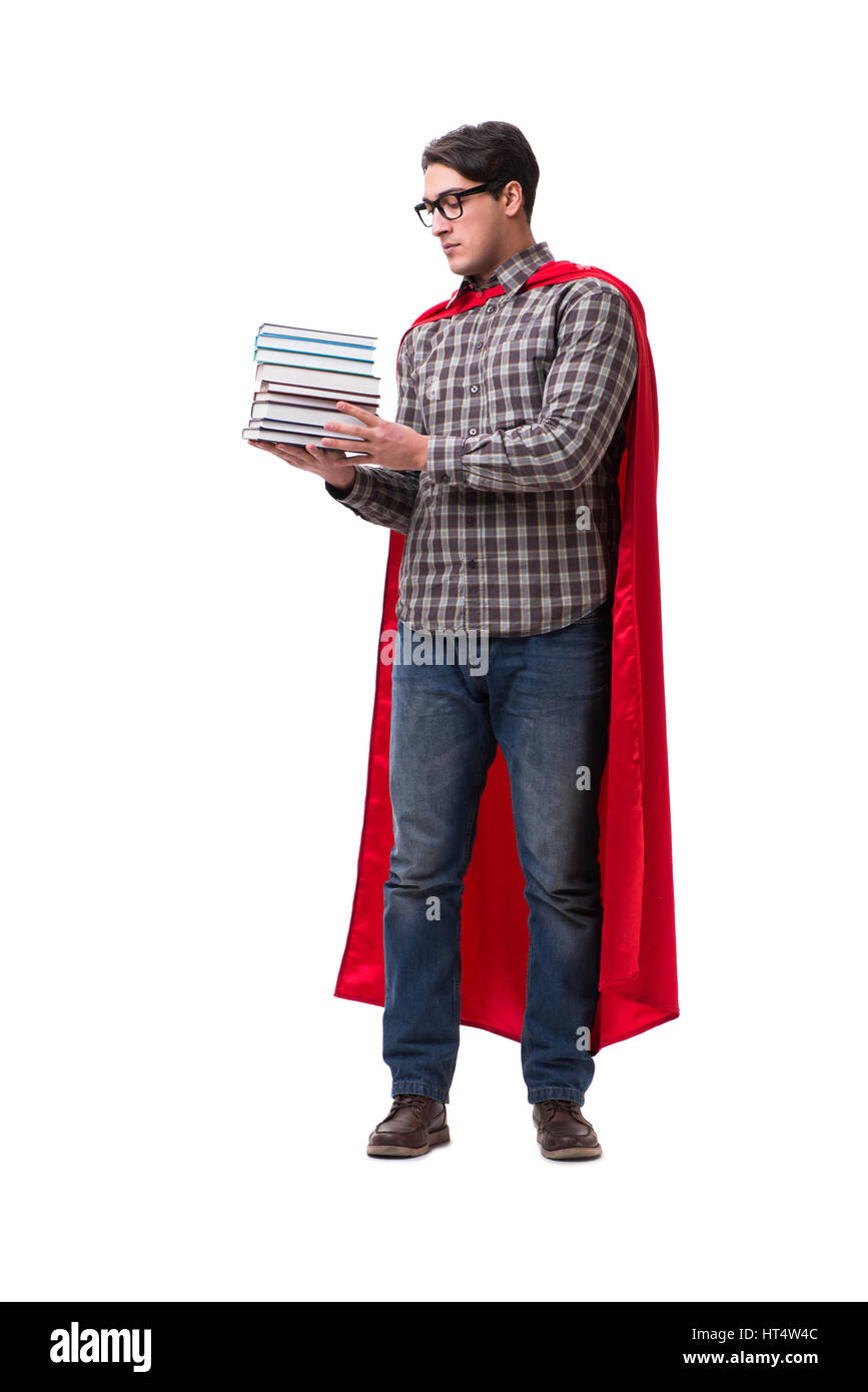 Super hero student with books isolated on white Stock Photo - Alamy