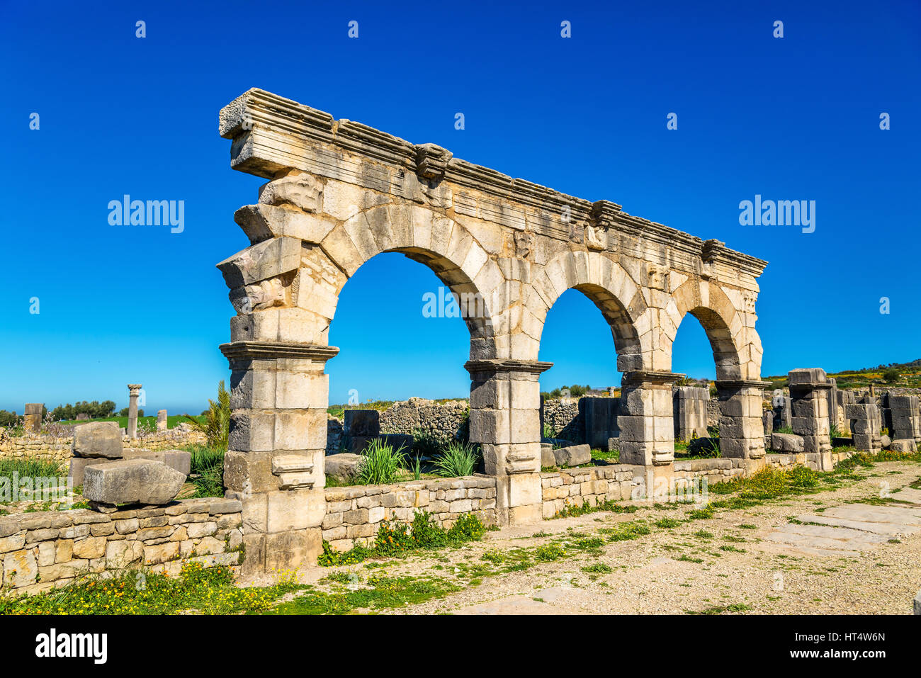 Decumanus Maximus, the main street of Volubilis, an ancient Roman town ...