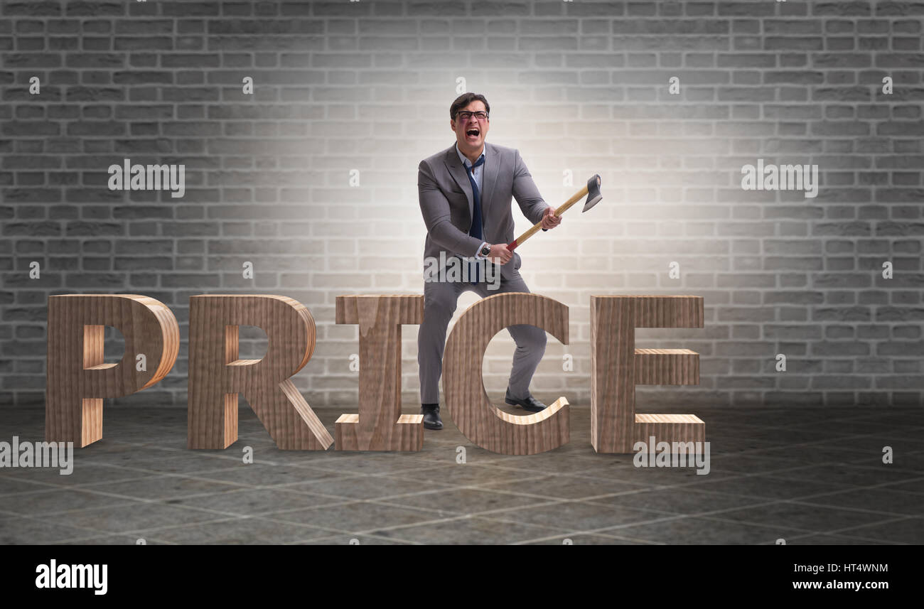 Angry man with axe axing the price word Stock Photo - Alamy