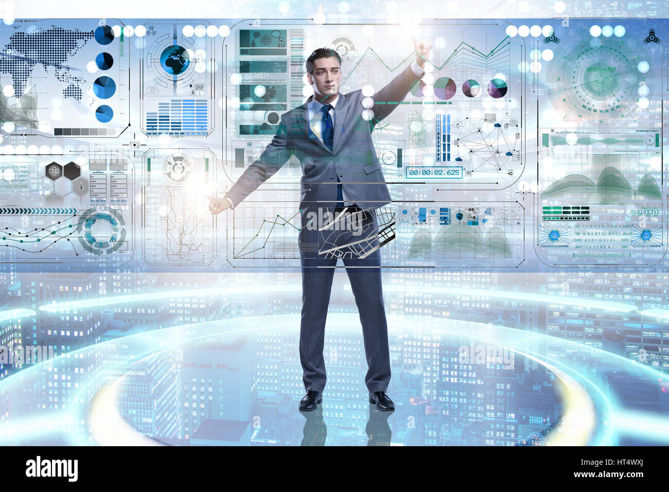 Man pressing virtual button in data mining concept Stock Photo - Alamy