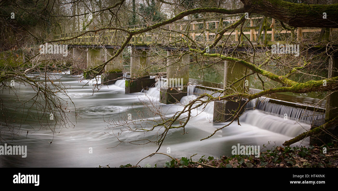 Water flowing through the waterfall at Beeleigh, nr Maldon, Essex Stock ...