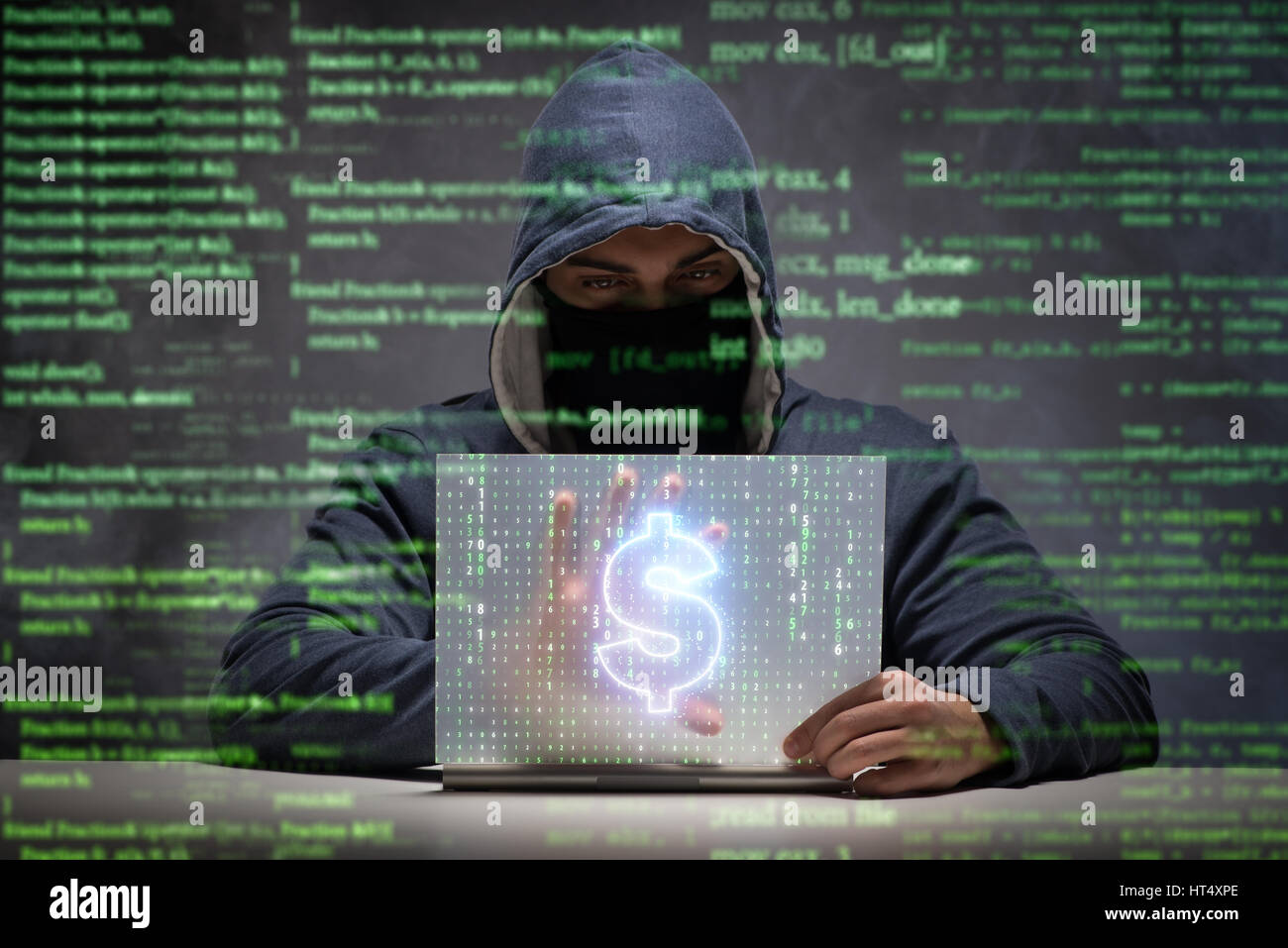 Hacker stealing dollars from bank Stock Photo - Alamy