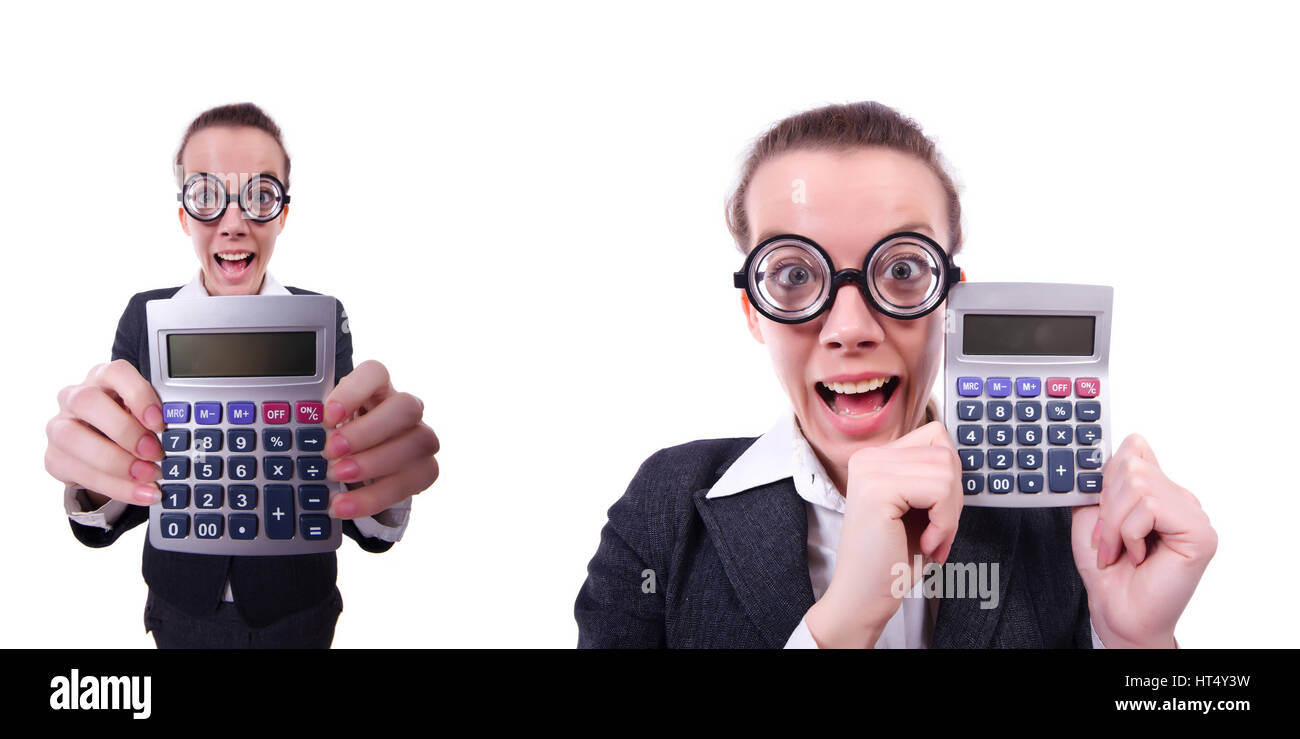 Nerd female accountant with calculator Stock Photo - Alamy