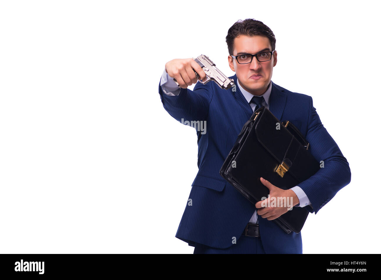 Businessman with gun isolated on white Stock Photo - Alamy