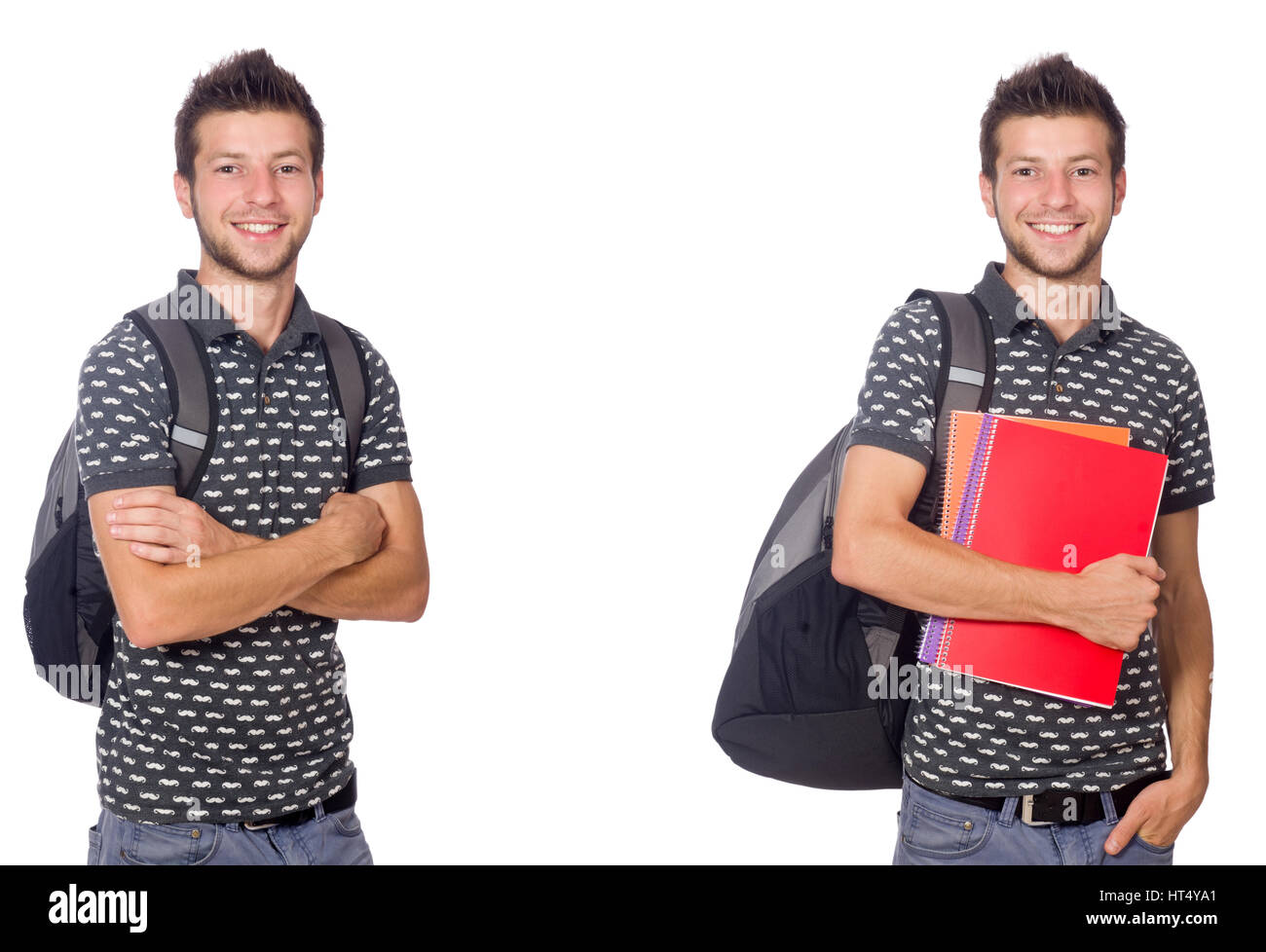Young student with book and backpack on white Stock Photo - Alamy