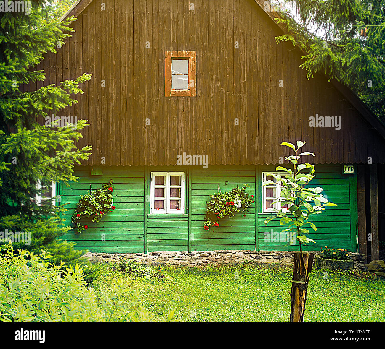 Detail of traditional mountain chalet, cottage or hut made of wood ...
