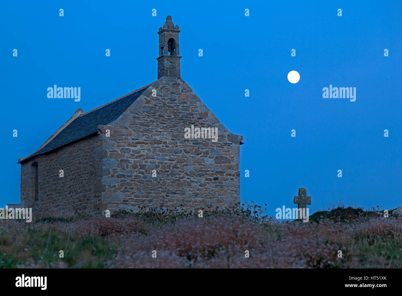 Chapel St. Samson near Landunvez at full moon, Brittany Stock Photo - Alamy