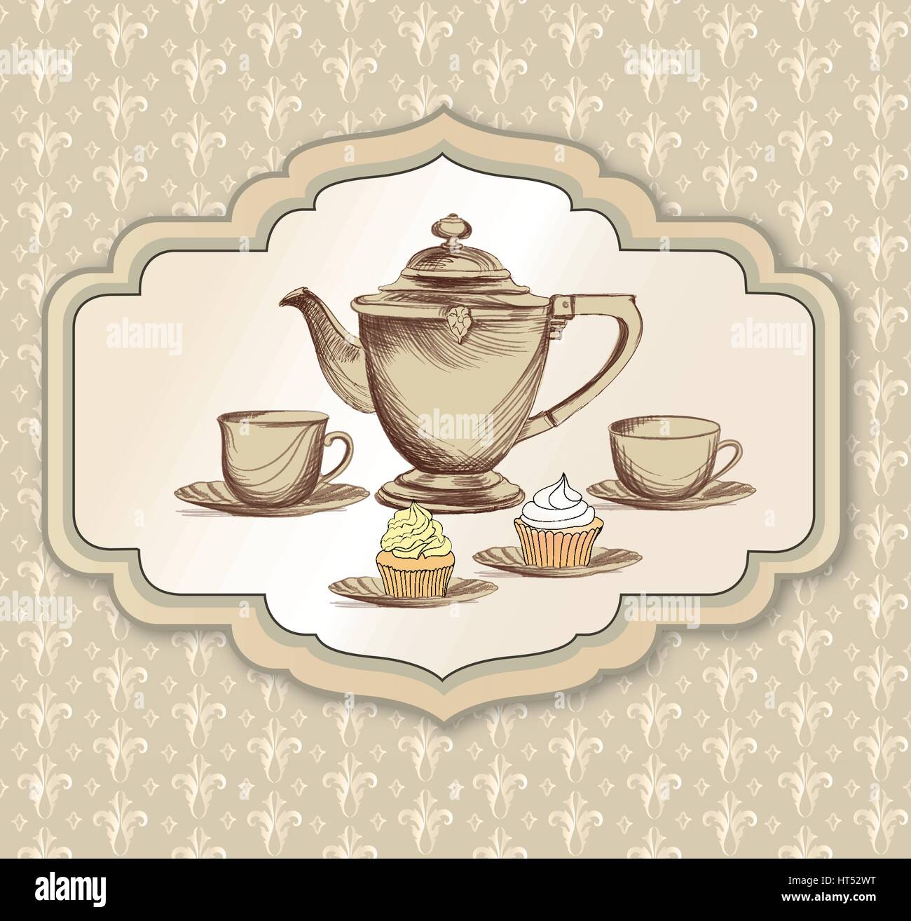 Tea cup, pot, kettle retro card. Tea time vintage label set. Hot drinks ...