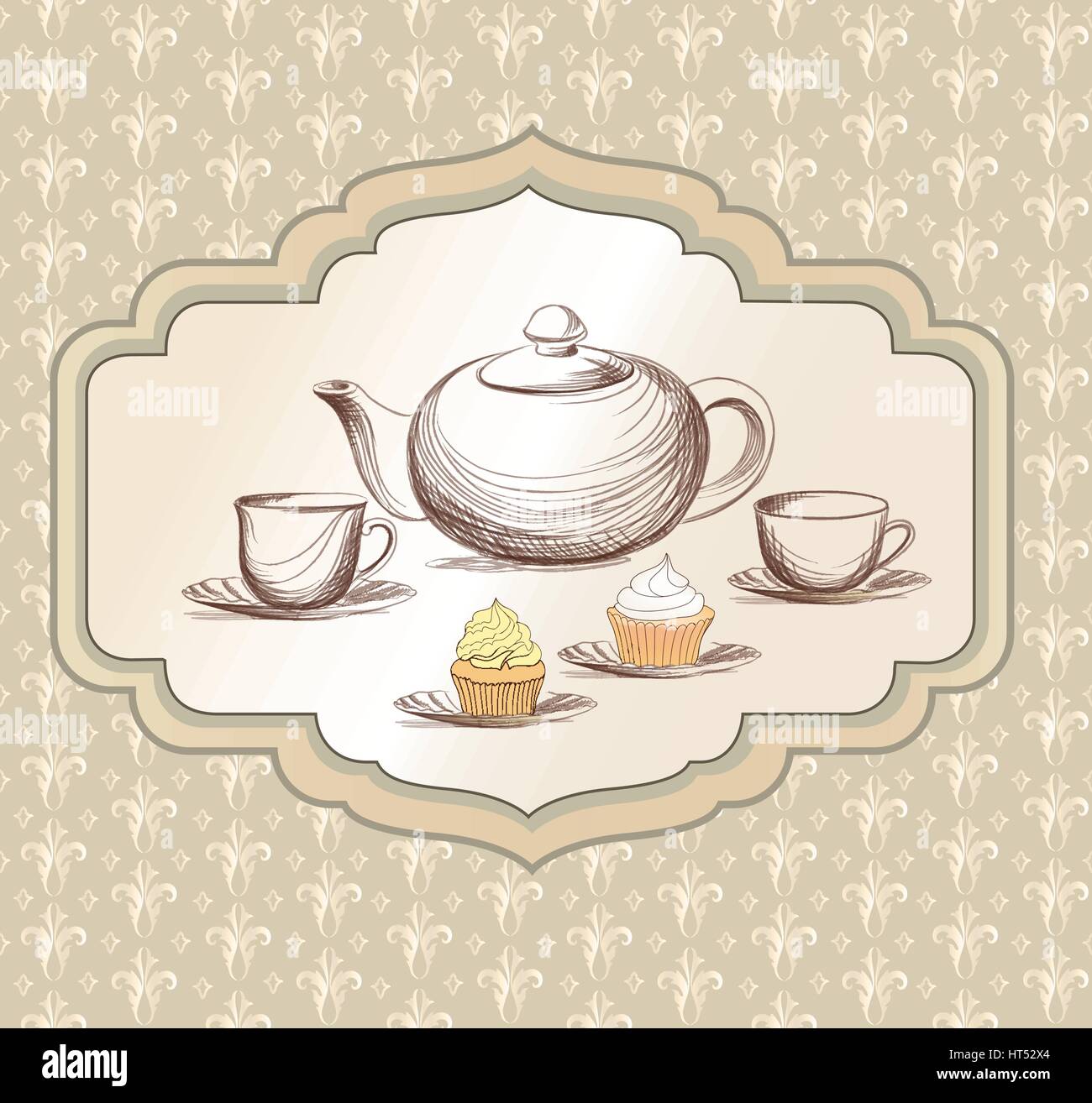 Tea cup, pot, kettle retro card. Tea time vintage label set. Hot drinks ...
