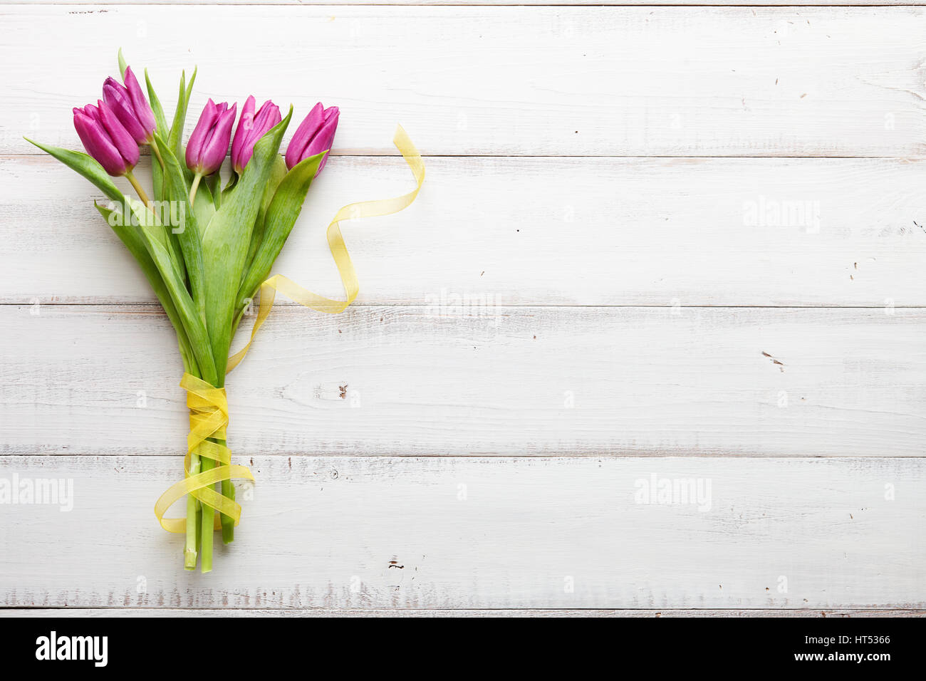 Purple tulips on white wooden boards Stock Photo - Alamy