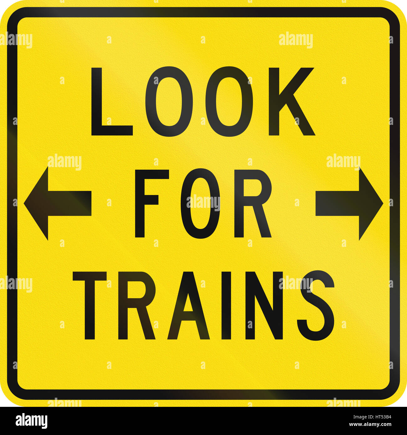 New Zealand road sign - Look for trains before crossing tracks Stock ...