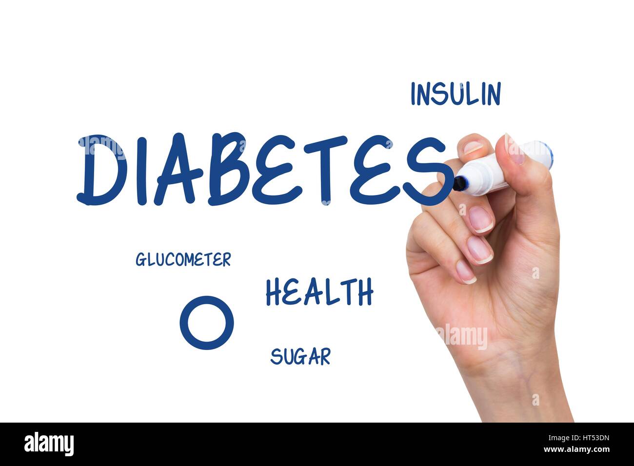 Hand writing diabetes healthcare content with blue marker on virtual ...