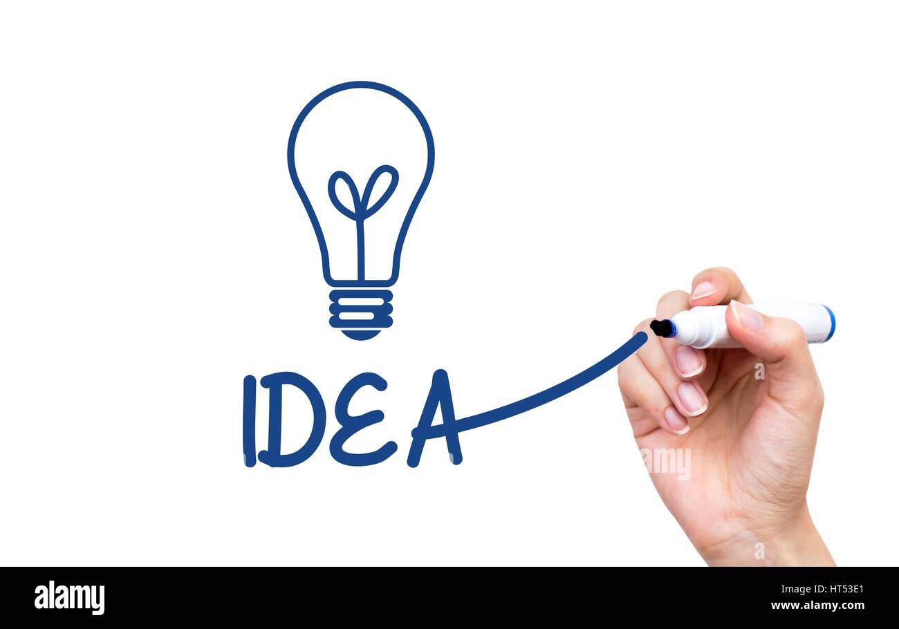 Woman hand drawing idea and bulb with blue marker on virtual board ...